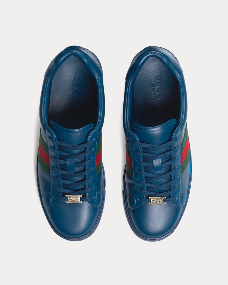 Gucci Men's Ace with Web Leather Blue Low Top Sneakers