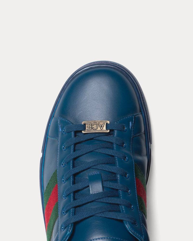 Gucci Men's Ace with Web Leather Blue Low Top Sneakers & Trainers