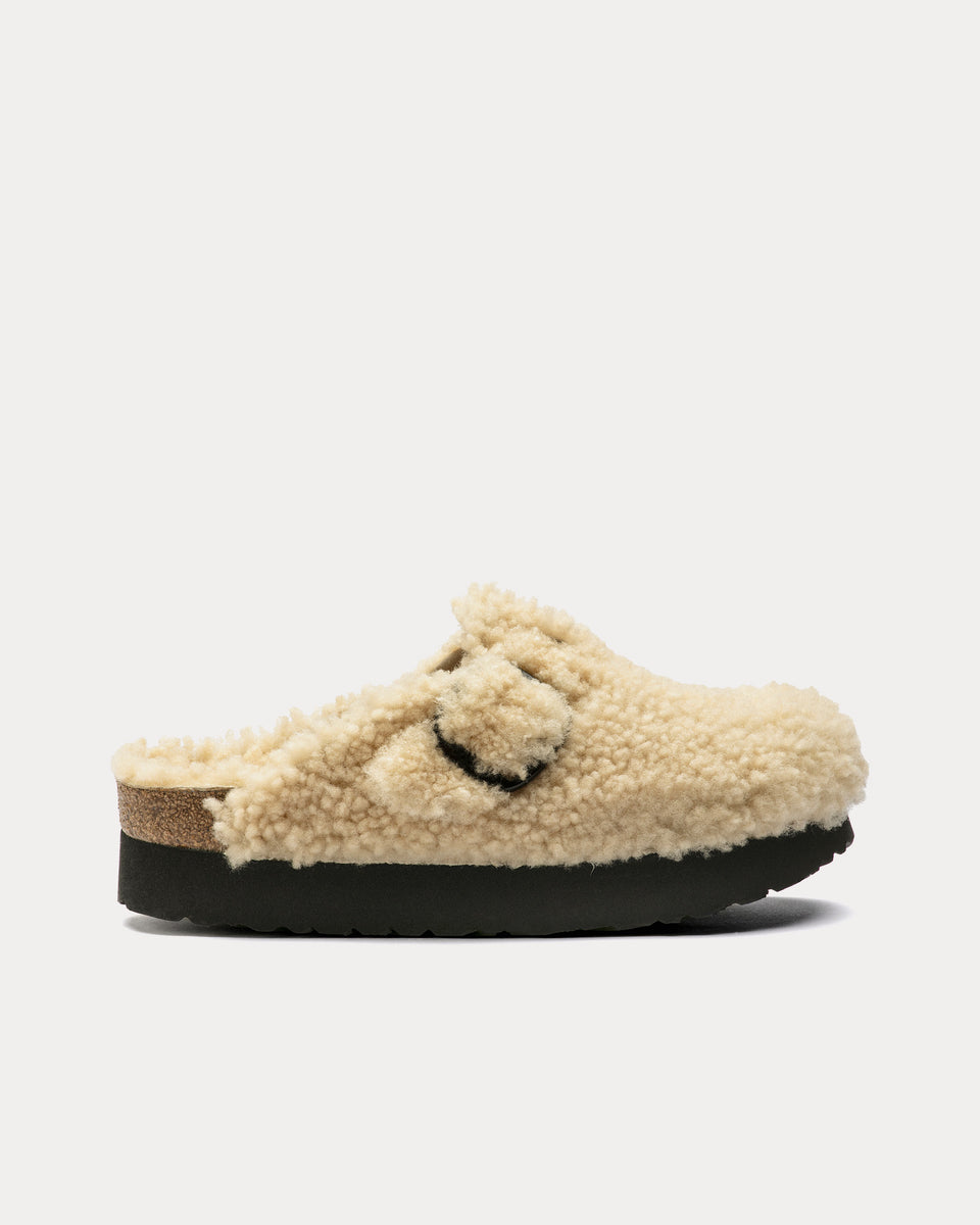 Birkenstock Boston Big Buckle Platform Shearling Teddy Eggshell Mules ...