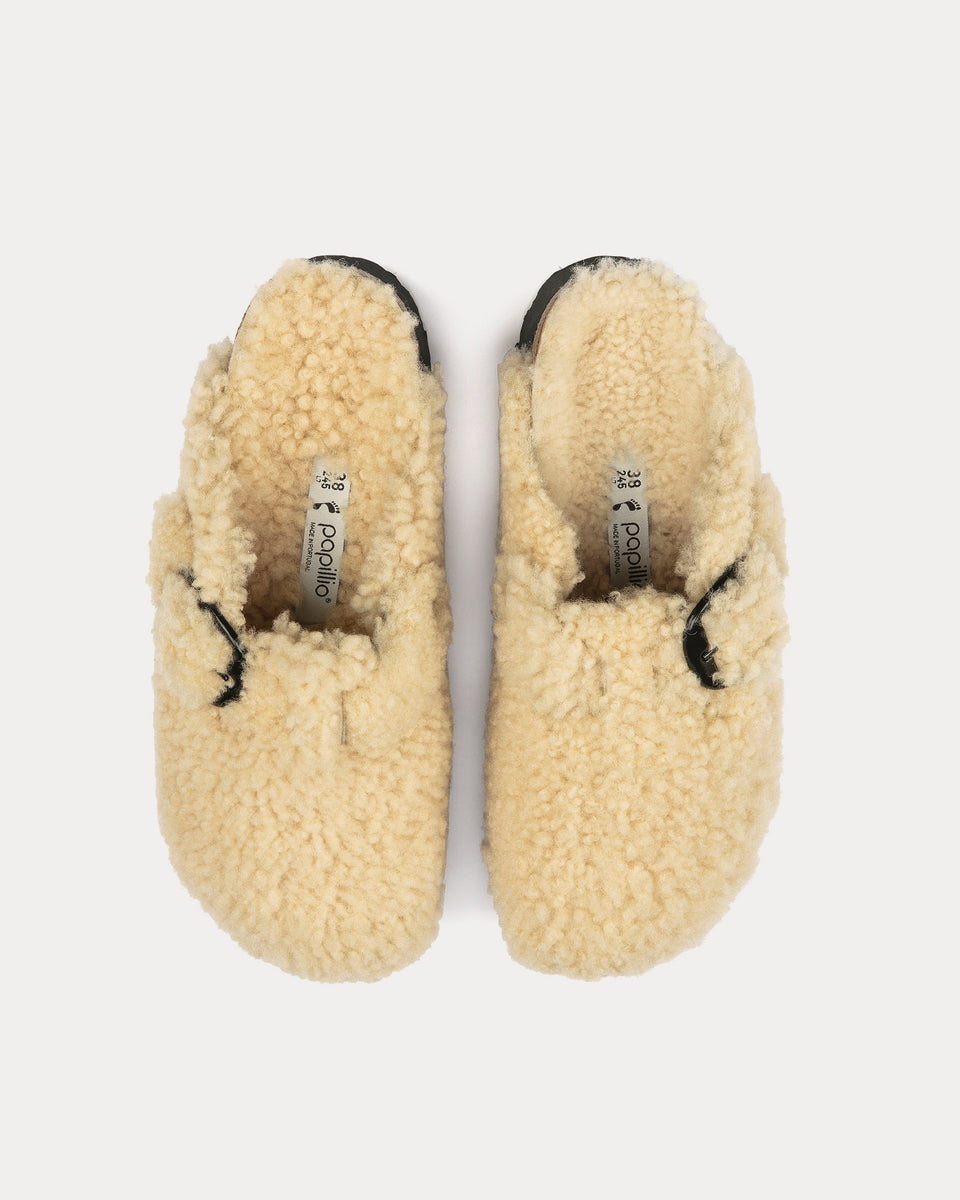 Birkenstock Boston Big Buckle Platform Shearling Teddy Eggshell Mules ...