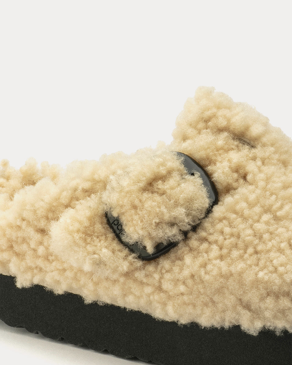 Birkenstock Boston Big Buckle Platform Shearling Teddy Eggshell Mules ...