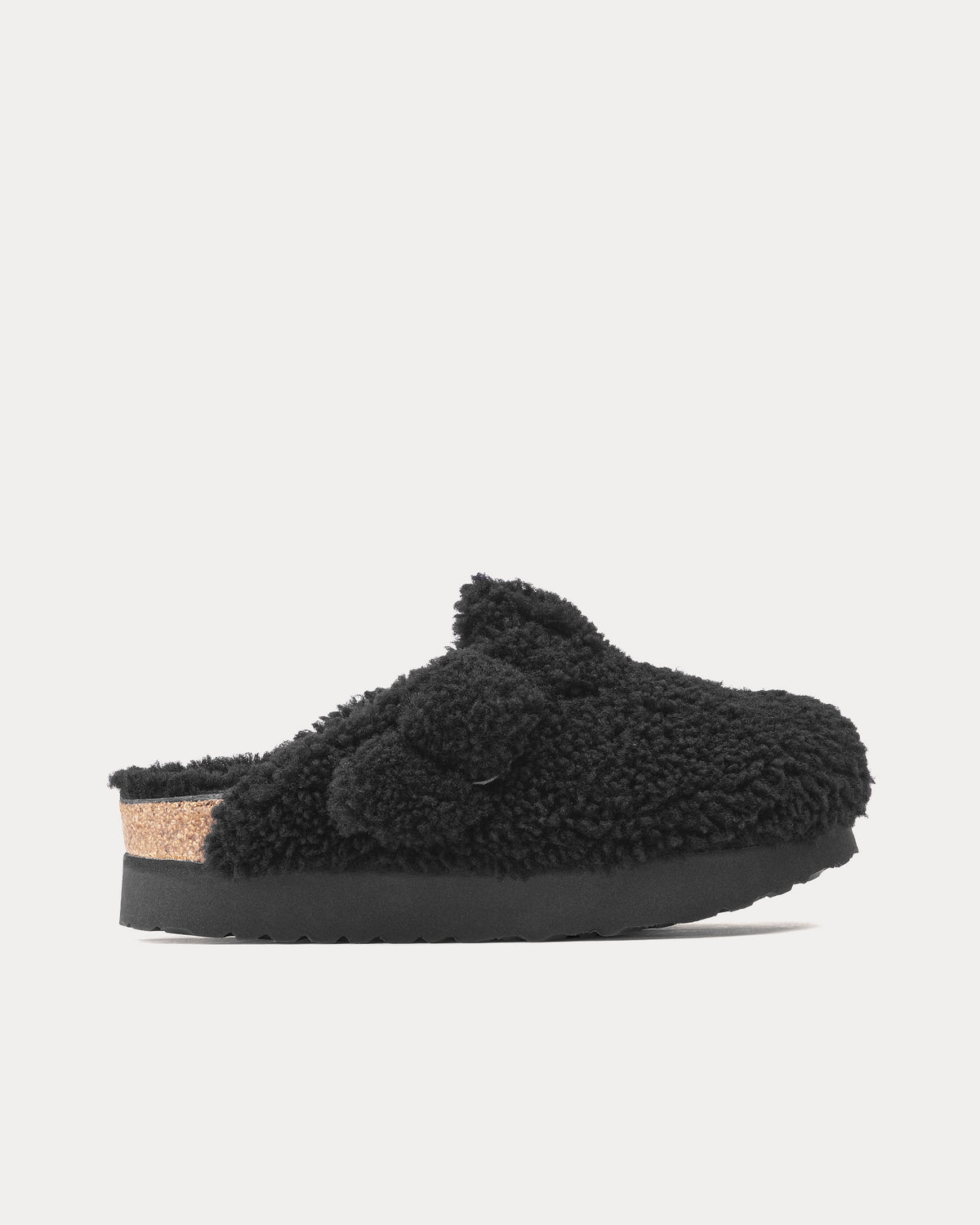 Birkenstock Boston Big Buckle Platform Shearling Teddy Black Mules ...