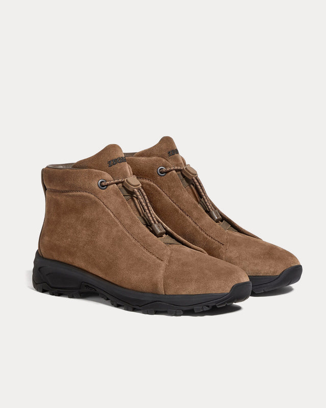 Zegna Men's Triple Stitch Vetta Suede Brown High Top Sneakers