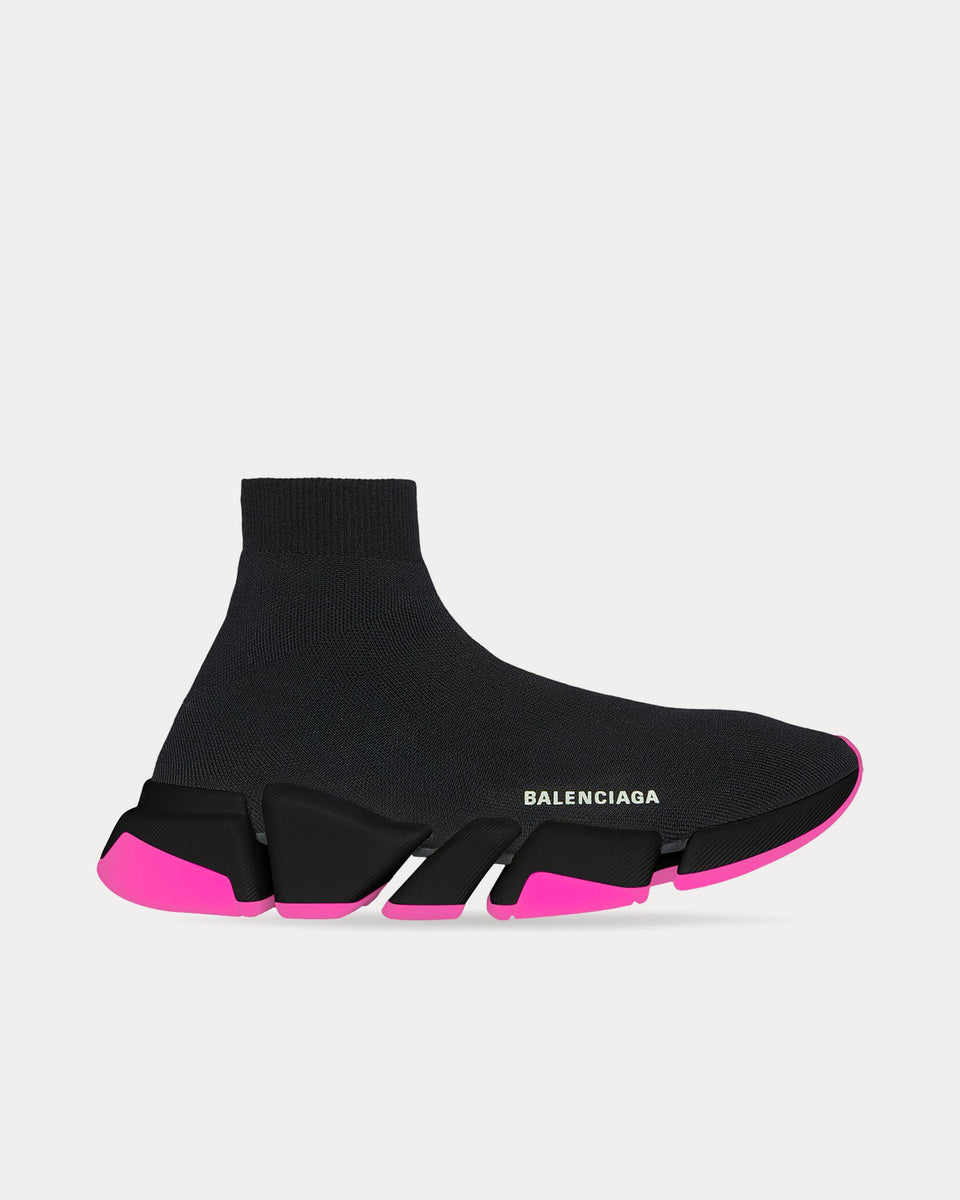 Balenciaga Speed 2.0 Recycled Knit Clear Sole Black / Neon Pink High ...